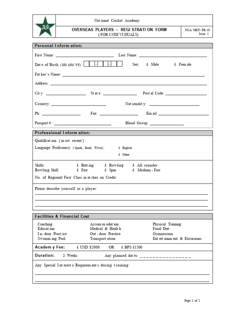 Overseas Players - Regi Strati On Form: Nca/ MKT-FR - 01 Issue 1 | PDF