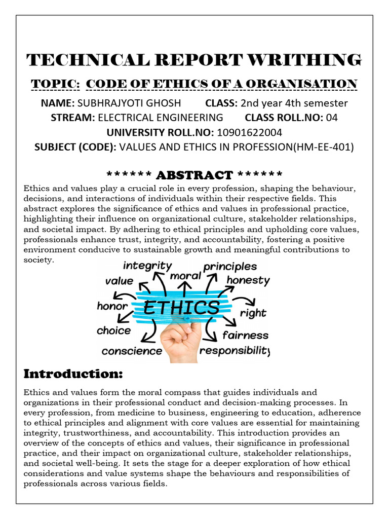 "CODE OF ETHICS OF A ORGANISATION" class assignment of value and ethics ...