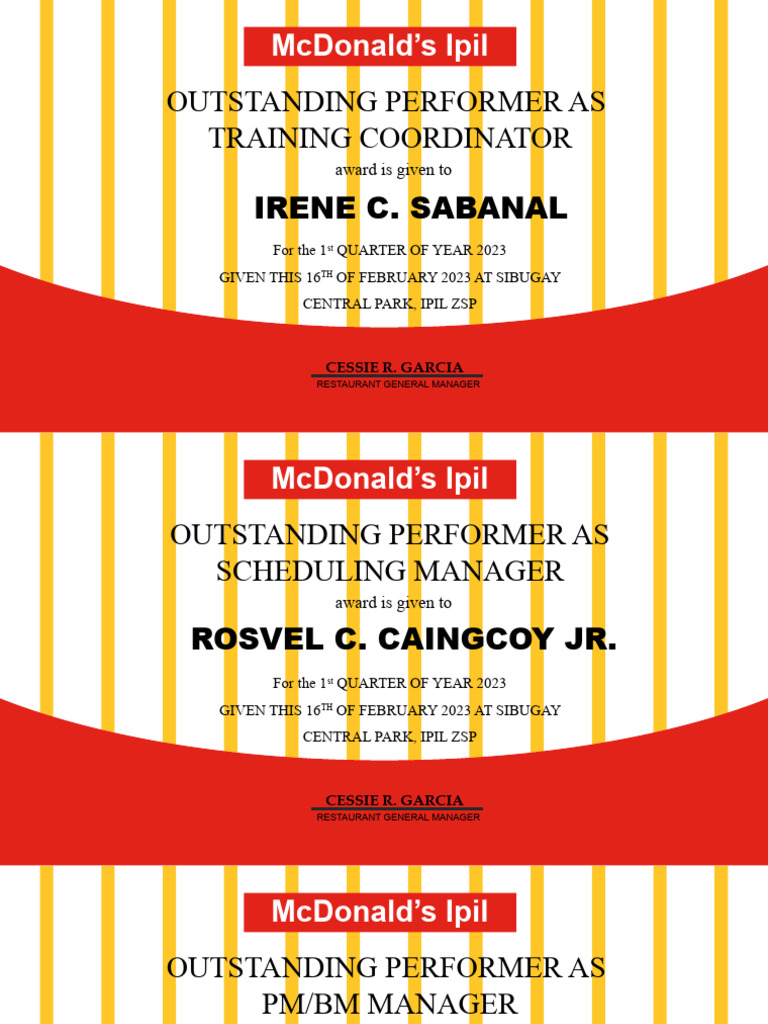 McDonald's Ipil 2023 Q1 Awards | PDF | Mc Donald's | Fast Food