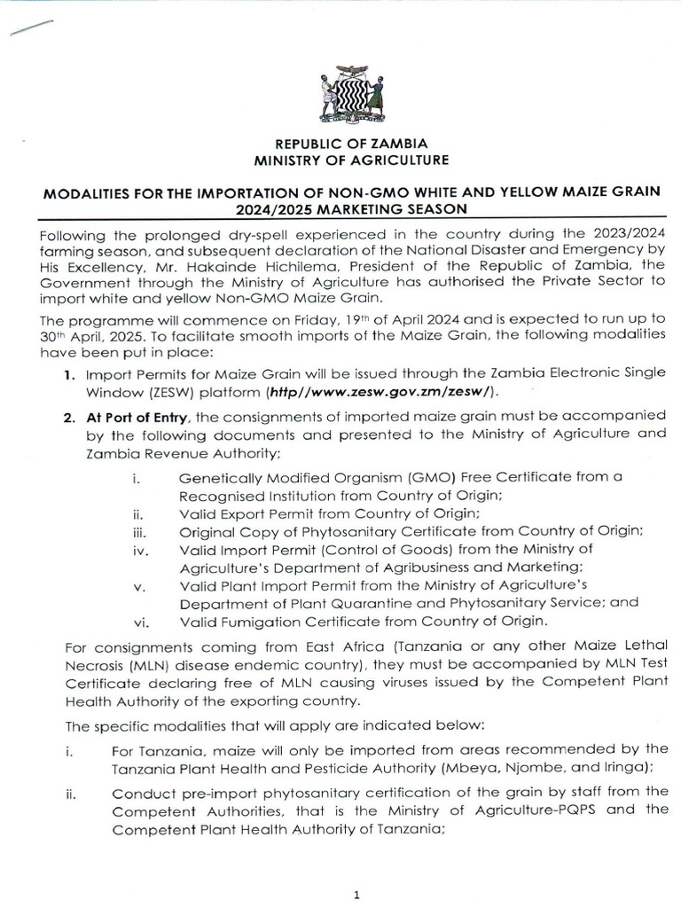 Modalities For Imporation of Non-GMO Wither and Yellow Maize Grain For 2024 2025 Marketing ...