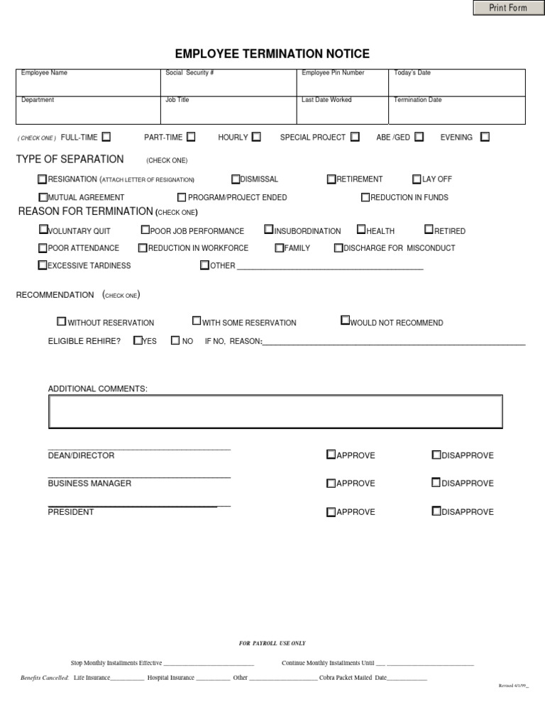 Employee Termination Form | PDF | Economies | Labor Relations
