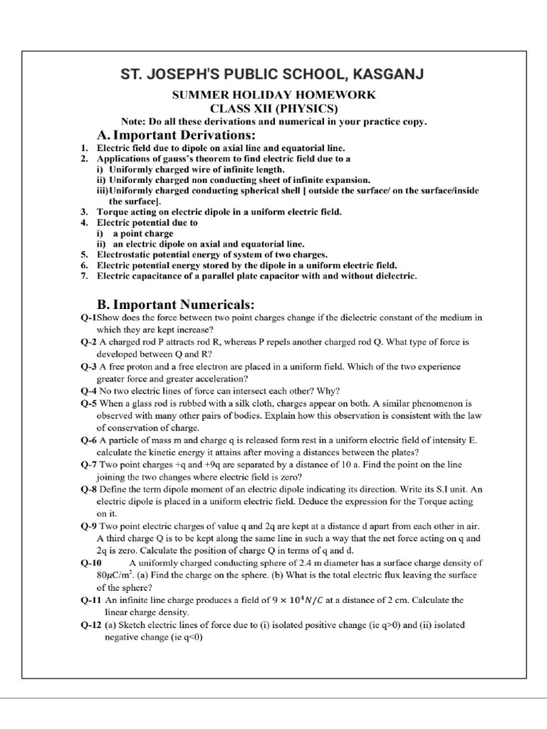 Class Xii Physics Holiday Homework 2024-25 | PDF