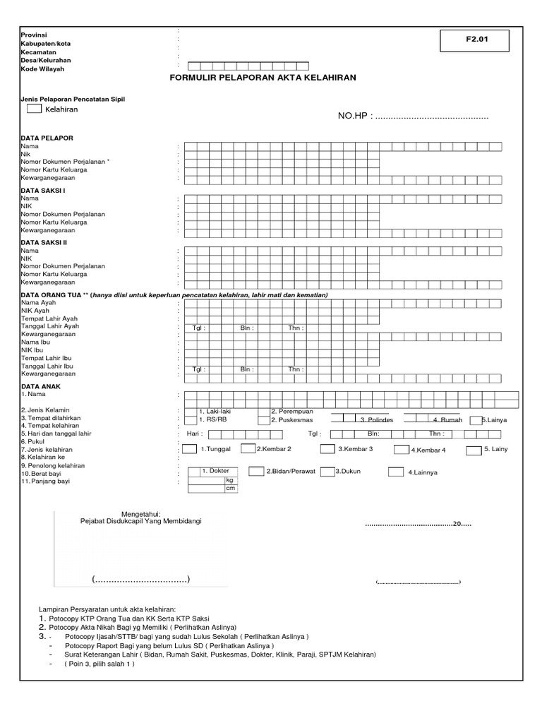 Formulir Pelaporan Akta Kelahiran | PDF