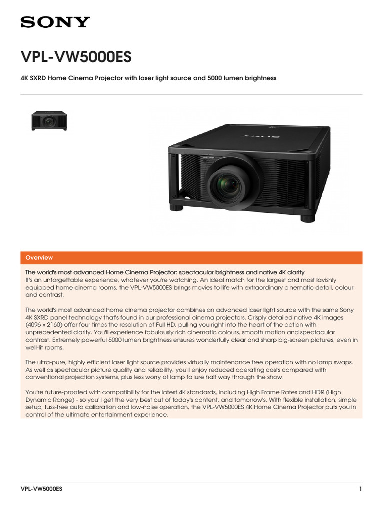 Sony® VPL-VW5000ES | PDF | Display Resolution | Imaging