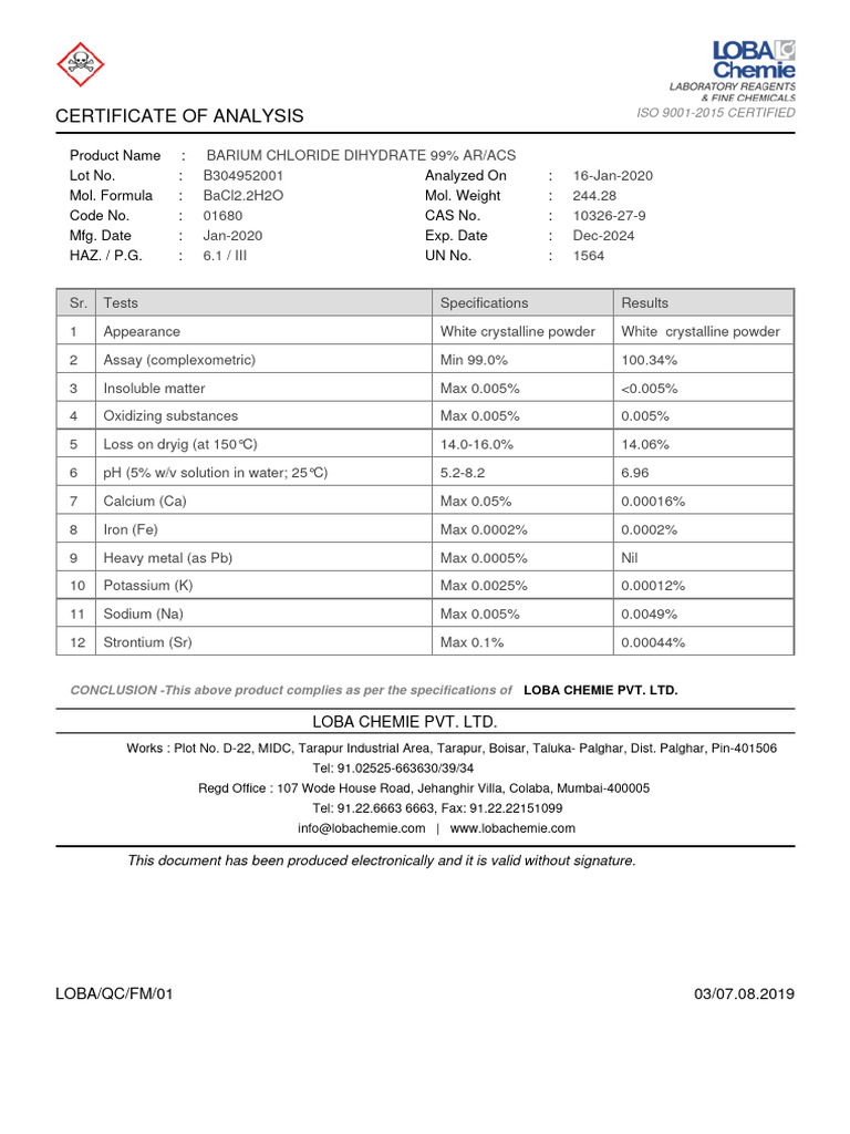 Certificate of Analysis | PDF | Inorganic Chemistry | Chlorine