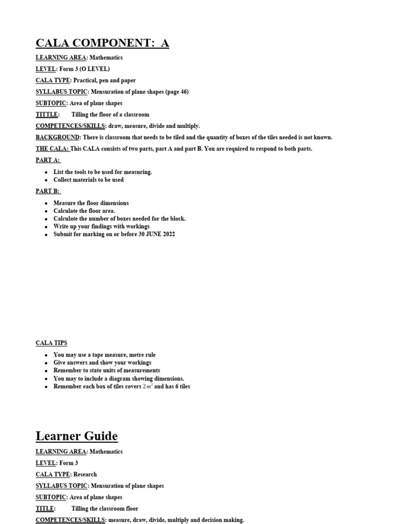 COMPONENT A MATHS CALA 2022 Form3 | PDF | Measurement | Area