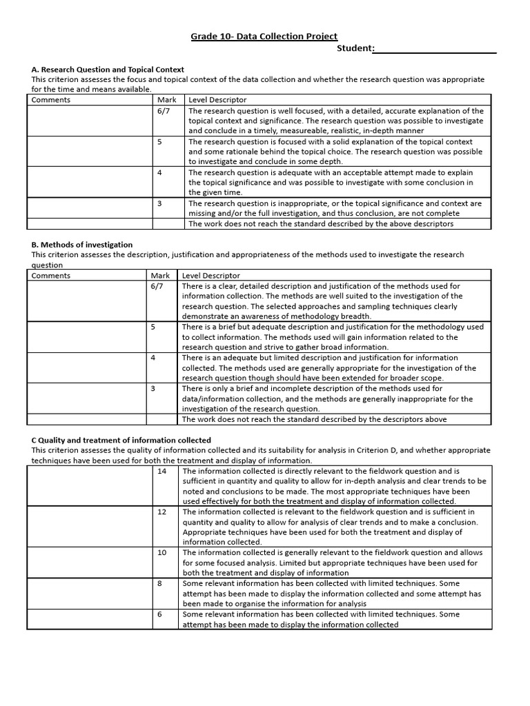 Data Collection Assignment Markscheme - Docx (Foster) | PDF | Methodology | Analysis