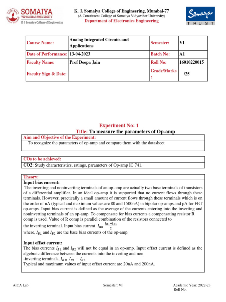 AICA Expt 1 | PDF | Operational Amplifier | Electrical Engineering