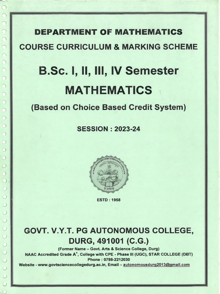 4376 - 1148 - B.sc. Mathematics I, II, III, IV Sem. 2023-24 | PDF