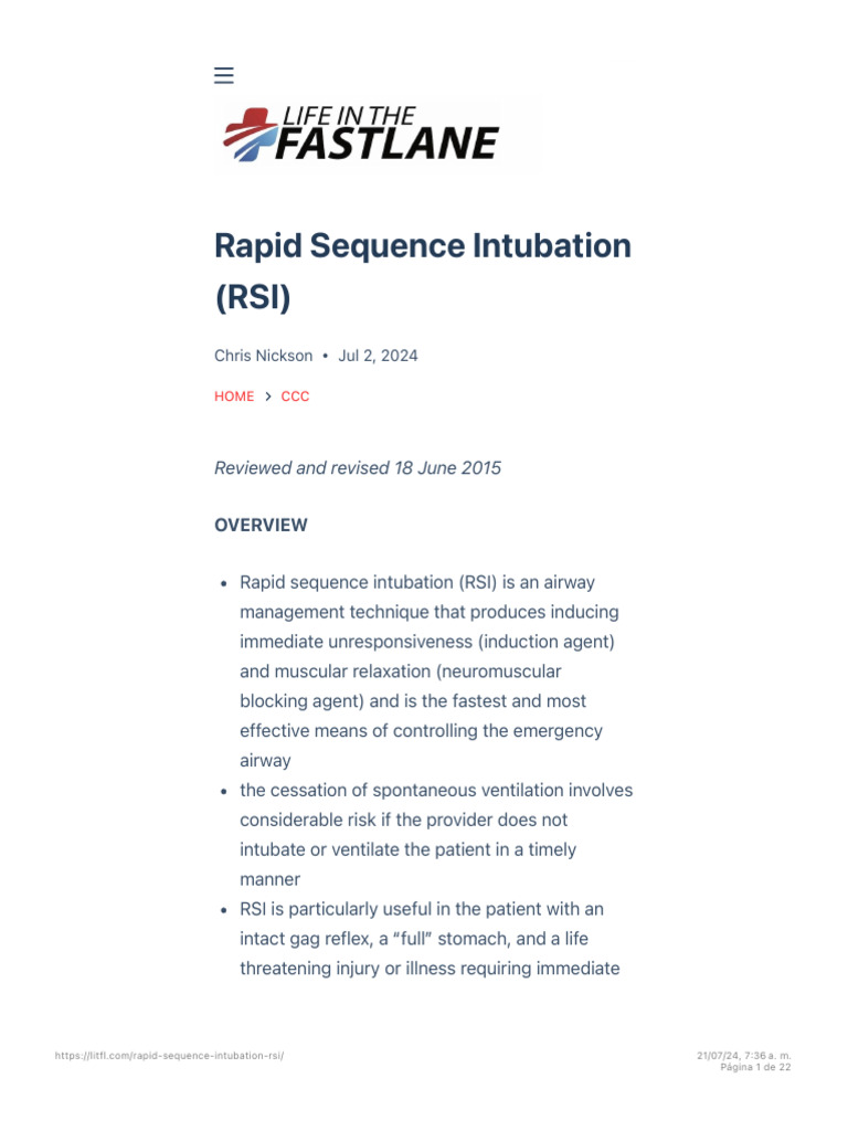 Rapid Sequence Intubation (RSI) - LITFL - CCC Airway | PDF | Medicine | Medical Emergencies