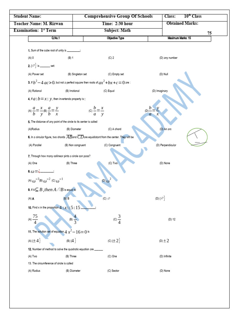 9th Class Math | PDF | Circle | Quadratic Equation