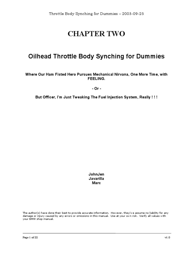 Chapter Two: Oilhead Throttle Body Synching For Dummies | PDF ...
