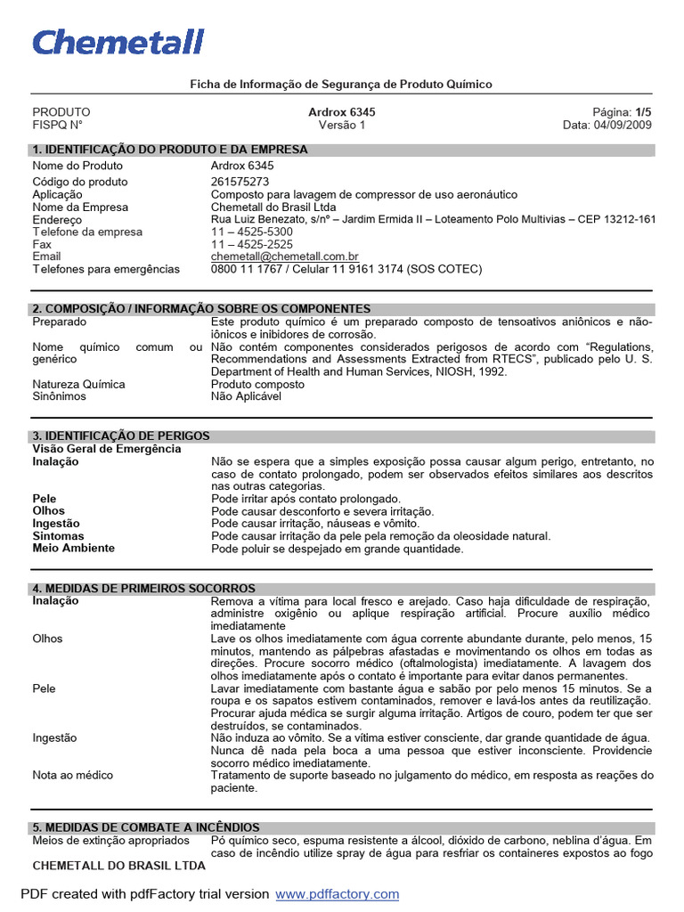 FISPQ ARDROX 6345 - NÃO CLASSIFICADO | PDF | Desperdício | Águas residuais