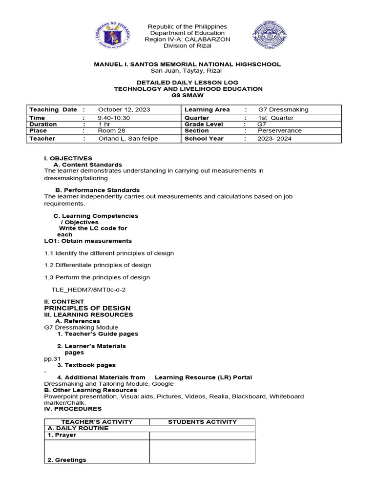 DLL DEMO COT 1 2023 2024 DRESSMAKING SIR Aries | PDF | Teachers | Learning