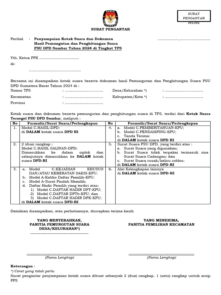 Surat Pengantar Penyampaian Berita Acara (PPS Ke PPK) | PDF