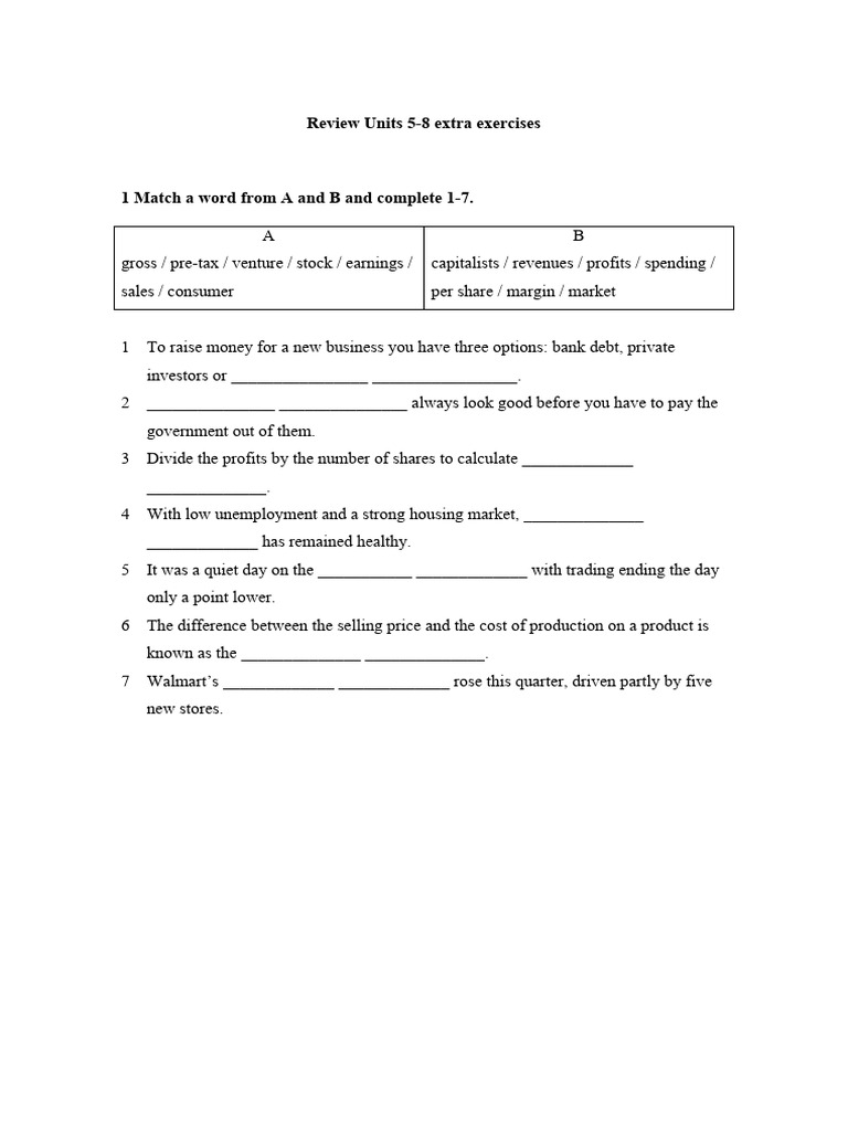 Extra Exercises for Units 5-8 Review | PDF | Profit (Economics) | Stocks