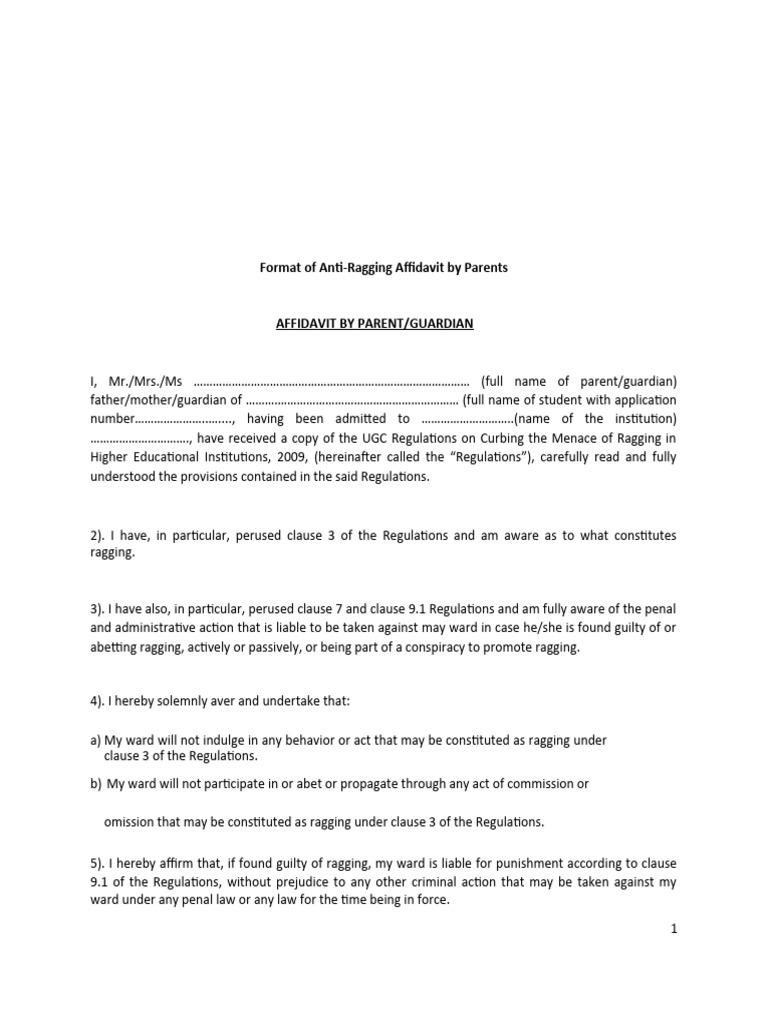 Format of Parents Anti Ragging Affidavit | PDF | Affidavit | Civil Law ...