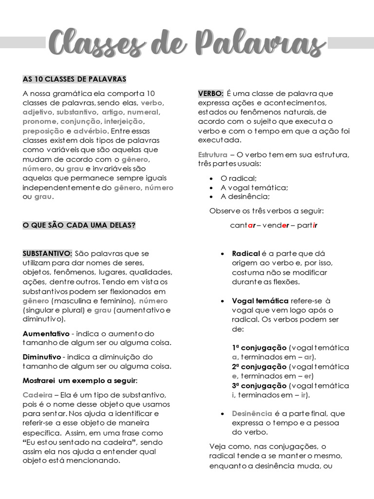 Classes de Palavras Resumo | PDF | Pronome | Adjetivo