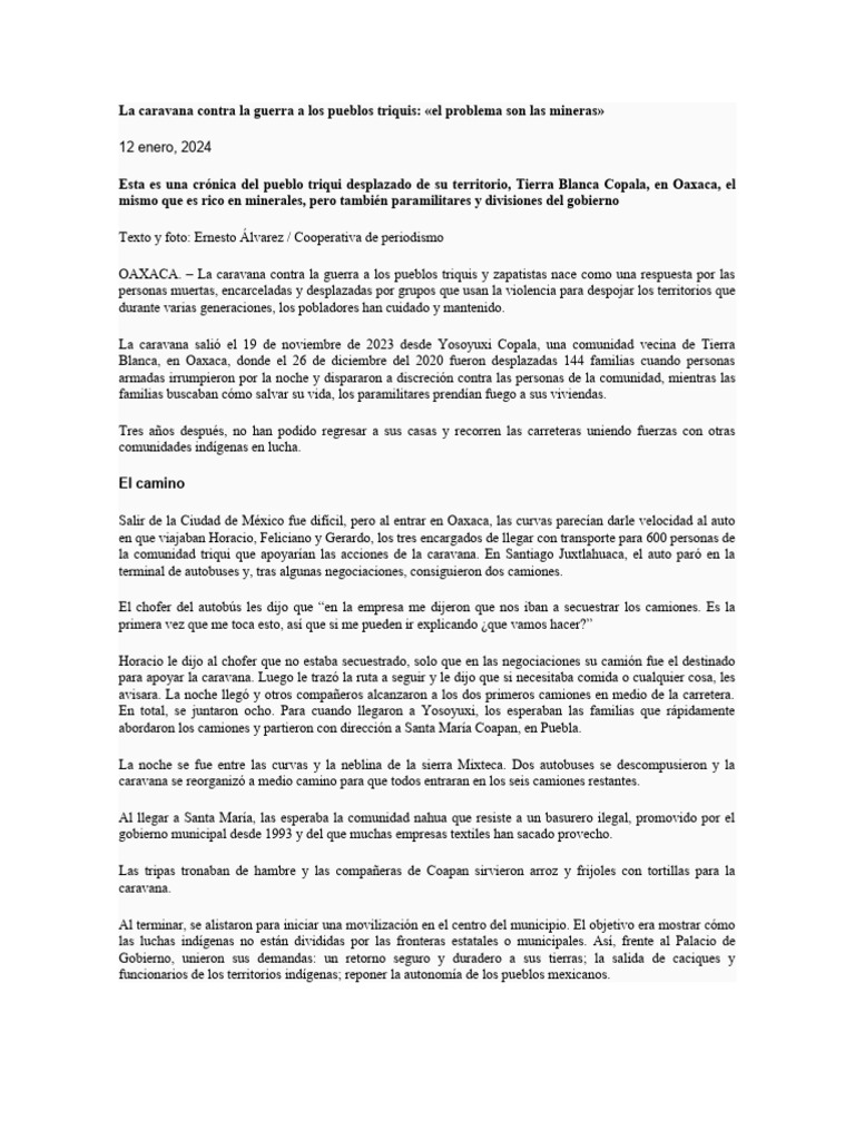 La Caravana Contra La Guerra A Los Pueblos Triquis | PDF | Viajes y turismo