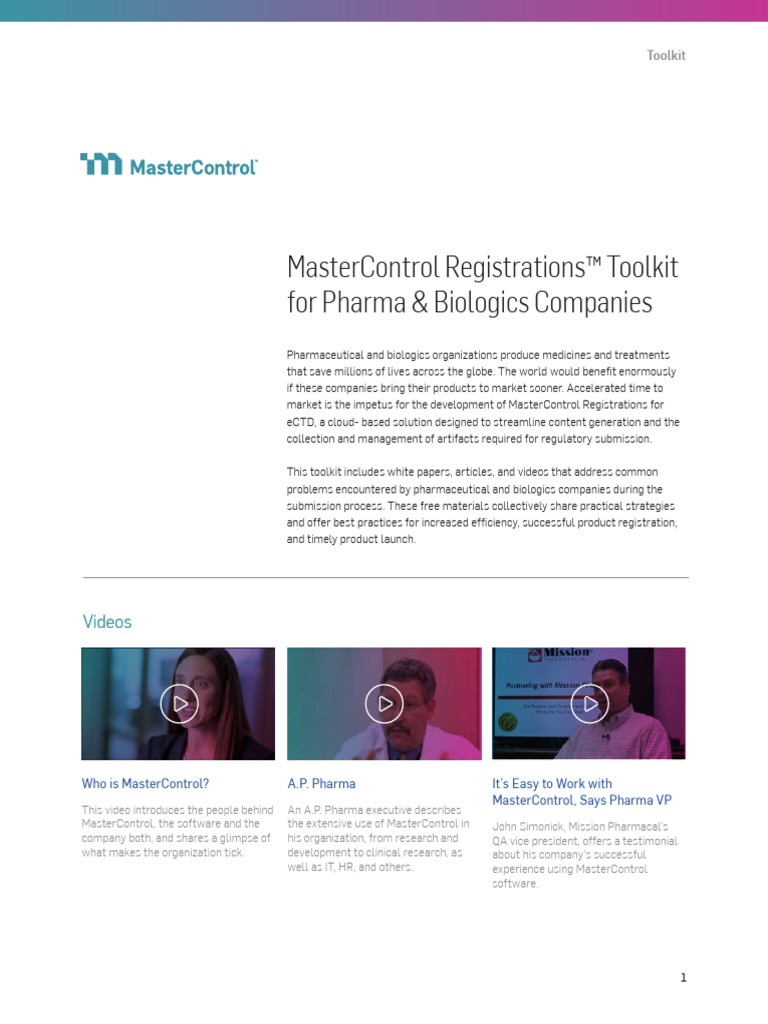 Mastercontrol Registrations Toolkit For Pharma Biologics Companies ...