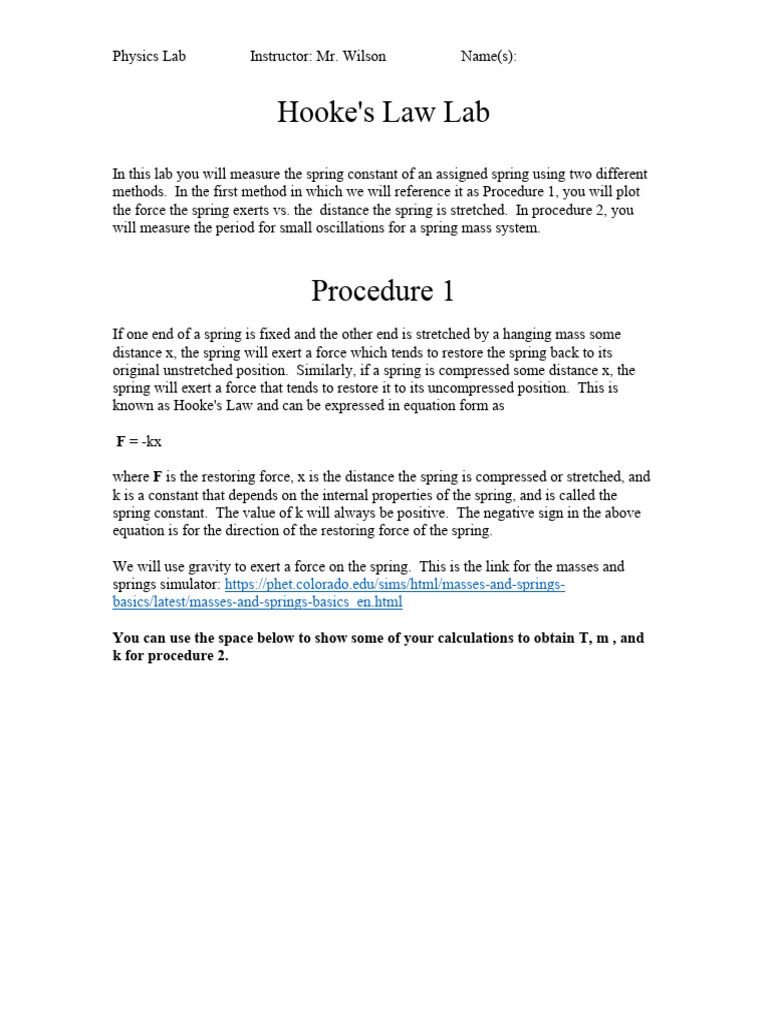Hooke's Law Spring Constant Lab | PDF | Force | Mass