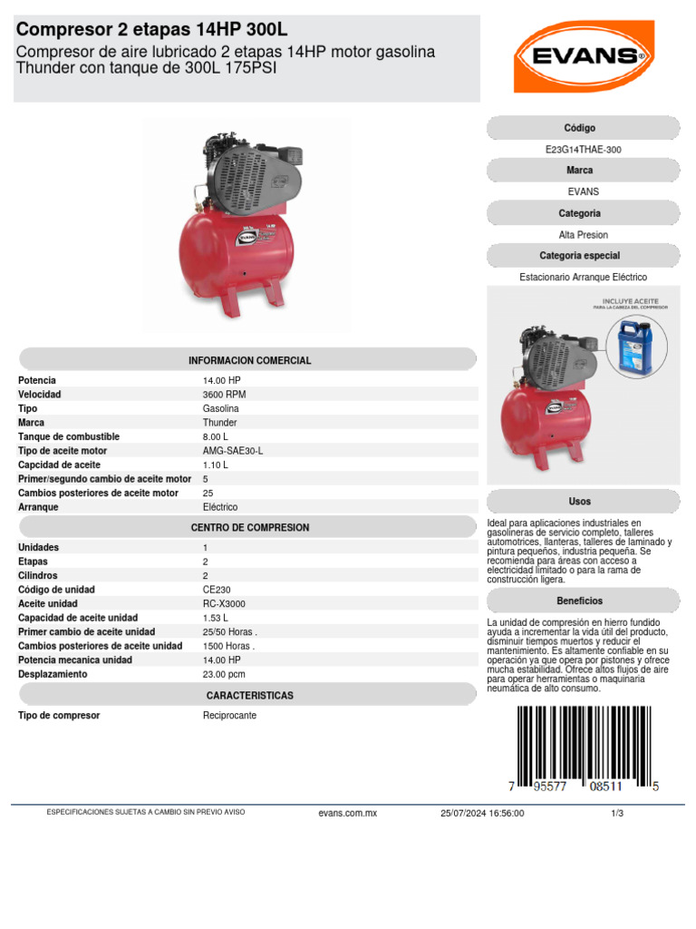 Ficha Tecnica Compresora Evans | PDF | Motores | Gasolina