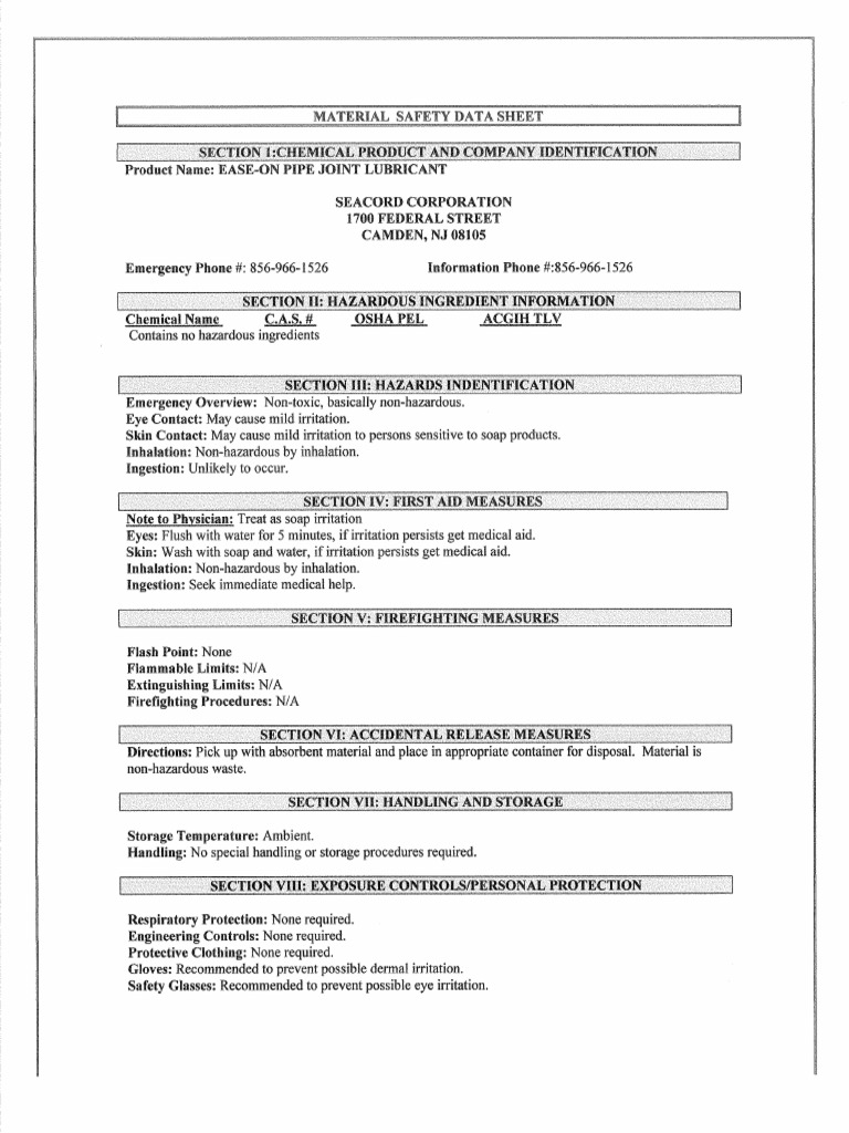 Ease-On Pipe Lube Msds | PDF