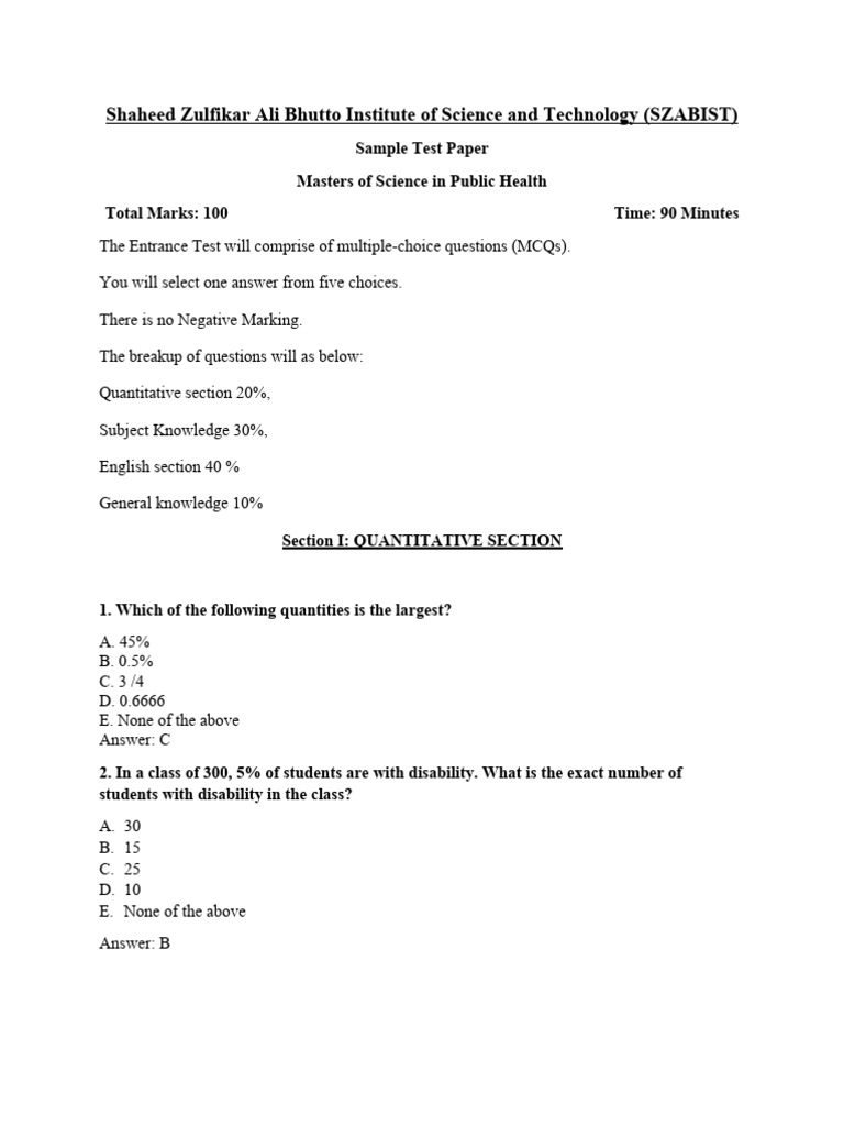 SZABIST MSPH Entry Test Sample Paper | PDF | Medicine | Clinical Medicine
