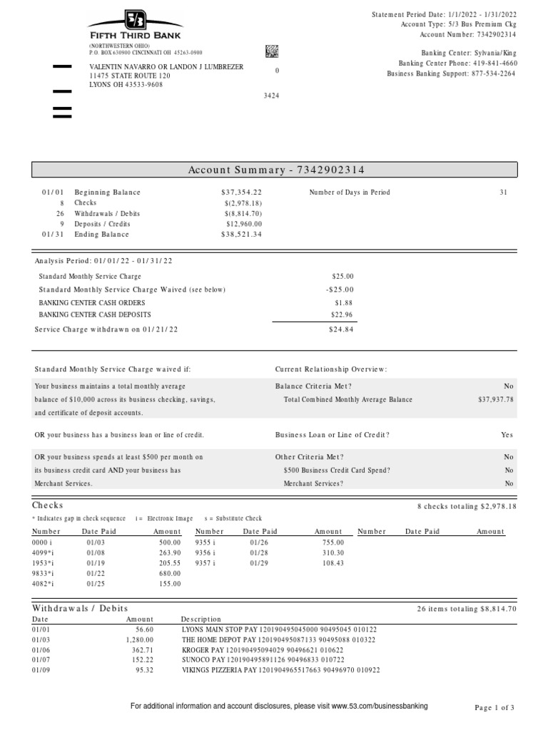 Fifth Third Bank Statement | PDF | Credit Card | Cheque