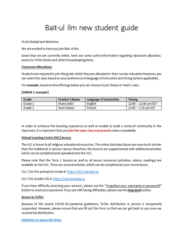 Bait-Ul Ilm New Student Guide | PDF | Classroom | Learning