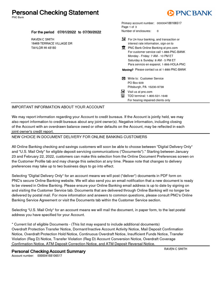 PNC Checking Statment July | PDF | Banks | Overdraft