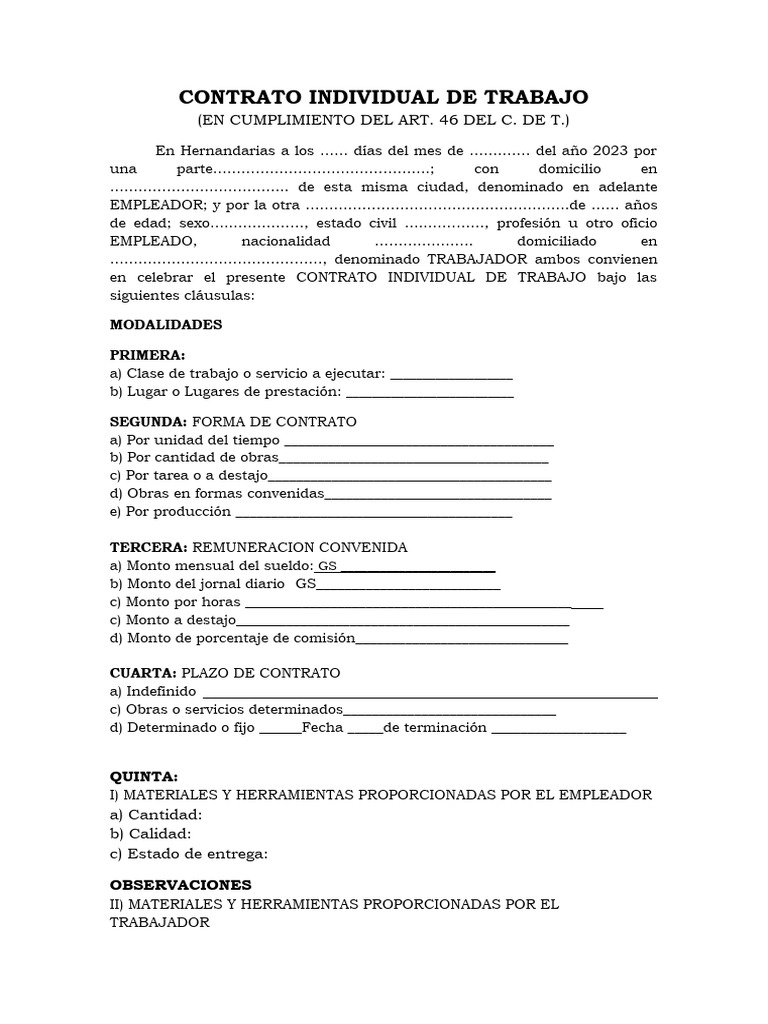 Contrato Individual de Trabajo Modelo | PDF | Salario | Labor