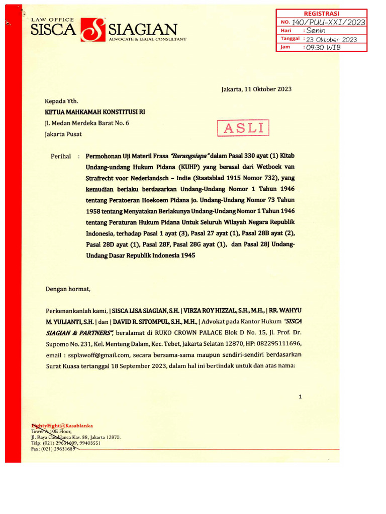 Permohonan DiRegistrasi - 3346 - 3069 - Permohonan Registrasi 140 PUU XXI 2023 | PDF