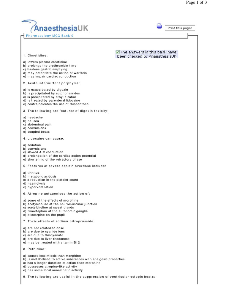 2016 Anaesthesia UK Pharmacology MCQs Collection | PDF | Heart Valve ...