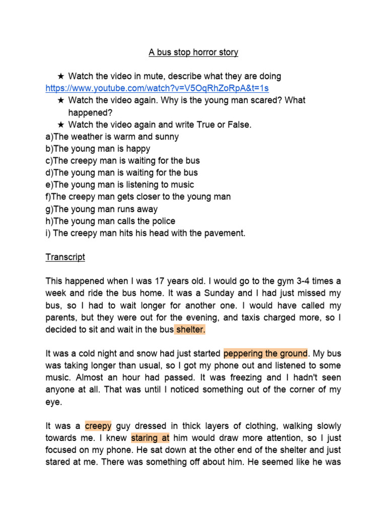 A Bus Stop Horror Story Script and Activities | PDF | Mystery, Thriller ...