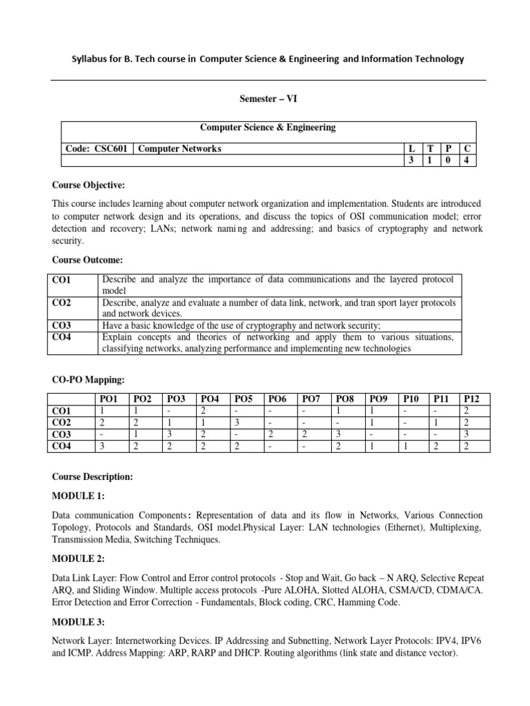 Computer Networks Syllabus for B.Tech | PDF | Computer Network ...
