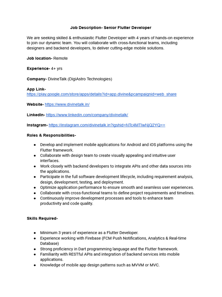 Senior Flutter Developer | PDF | Mobile App | Software Development
