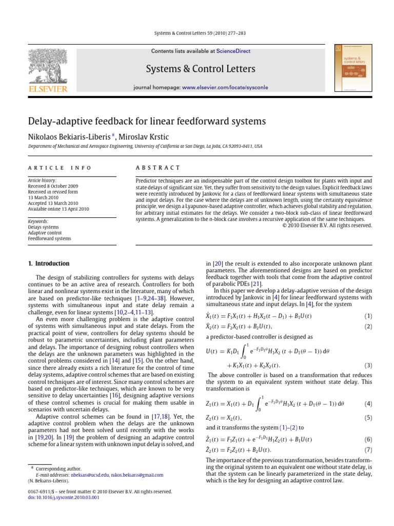 Delay-Adaptive Feedback For Linear Feedforward Systems | PDF | Applied Mathematics | Mathematics