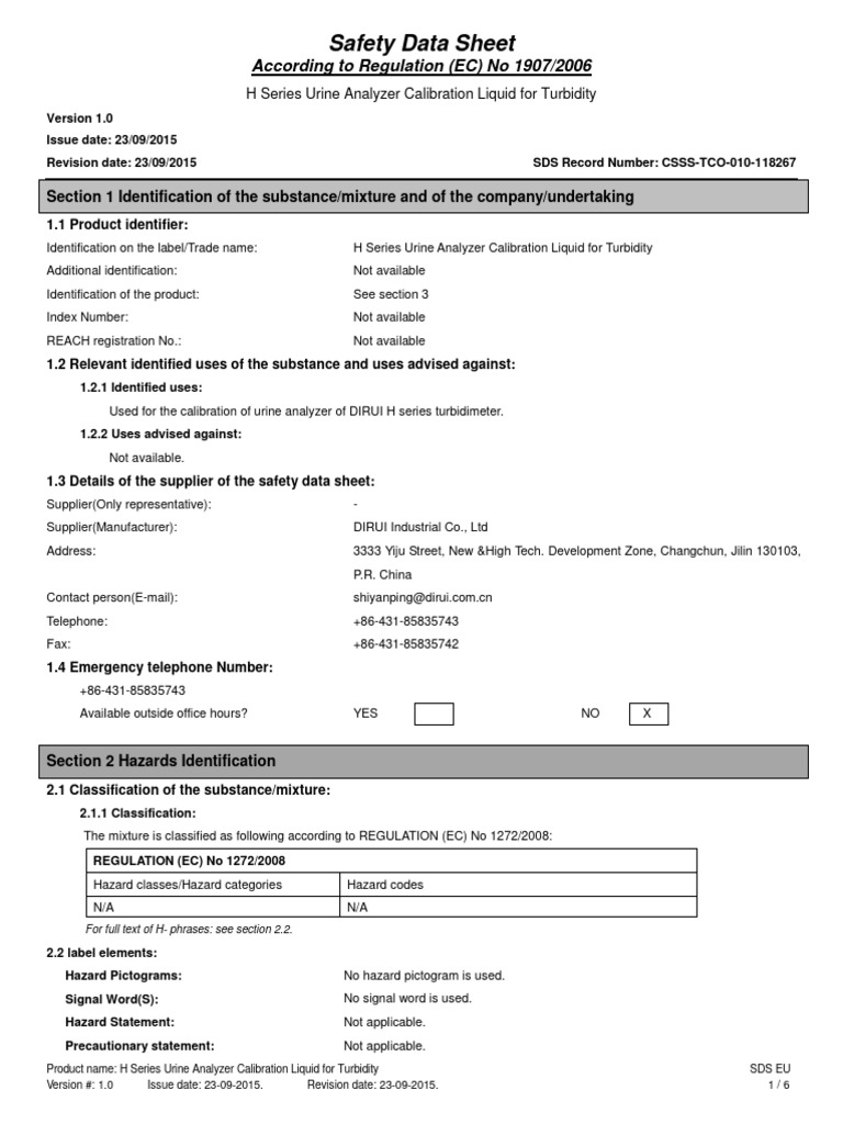 MSDS - DIRUI Calibration Liquid For Turbidity | PDF | Personal ...