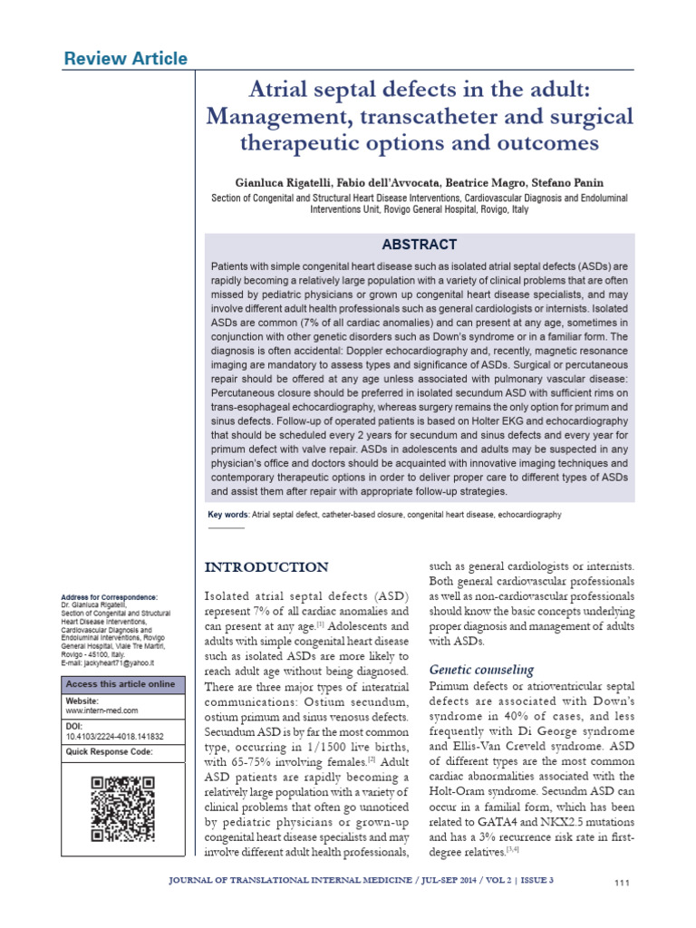 Atrial Septal Defects in The Adult: Management, Transcatheter and ...
