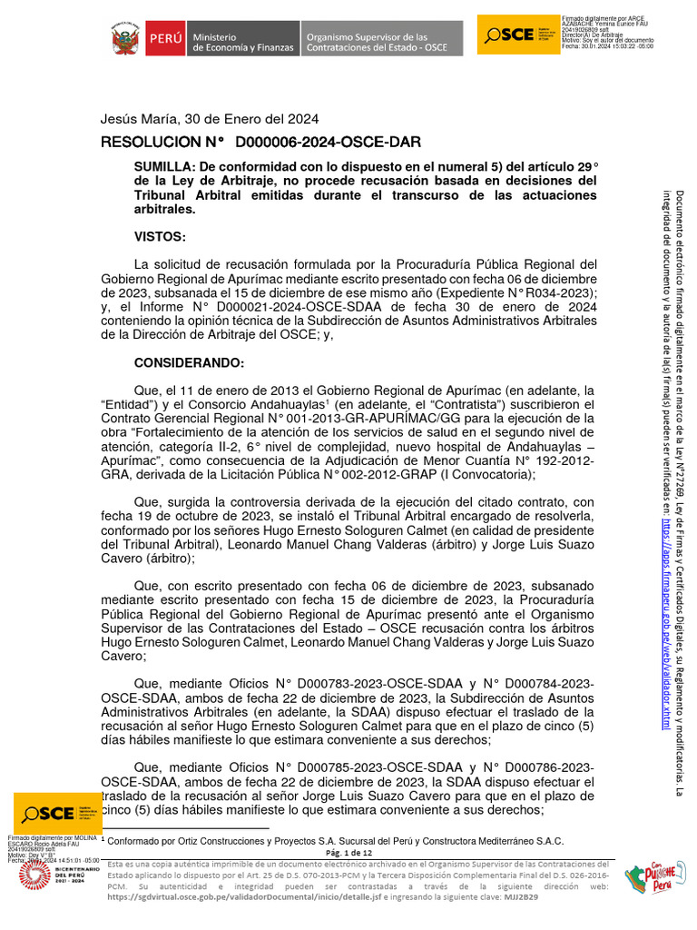 Resolucion N d006 2024 Osce Dar | PDF | Mandato | Arbitraje