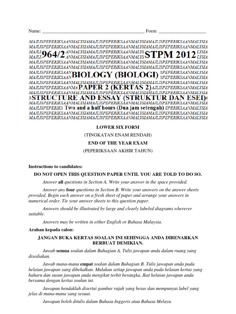 STPM BIOLOGY Lower Six Final | PDF | Epithelium | Adenosine Triphosphate