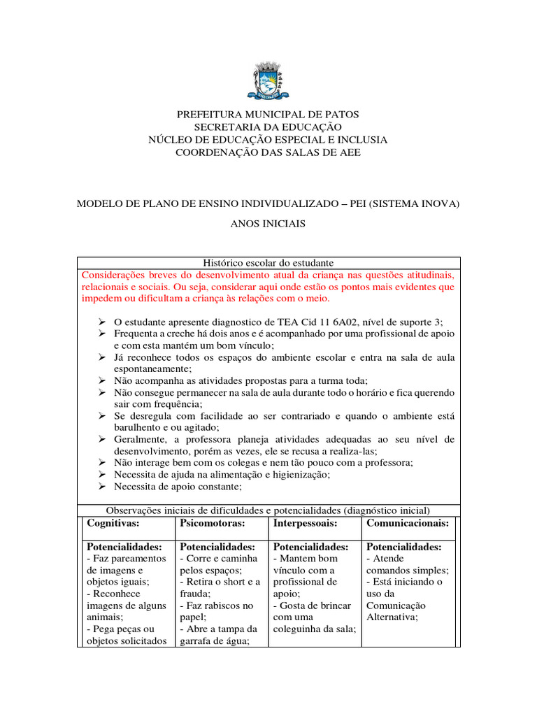 Modelo de PEI INOVA - ANOS INICIAIS | PDF | Educação Especial