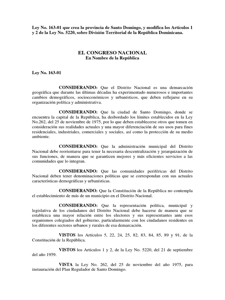LEY 163-2001 Creacion Provincia Ssanto Domingo RD | PDF | República ...