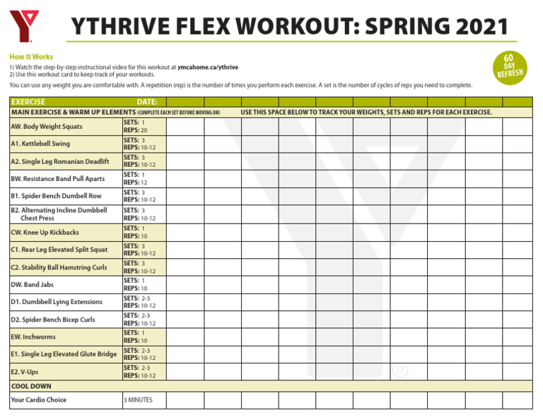 YMCA Ythrive Workoutcard Flex Spring2021 60DayRefresh | PDF | Kettlebell | Management Of Obesity
