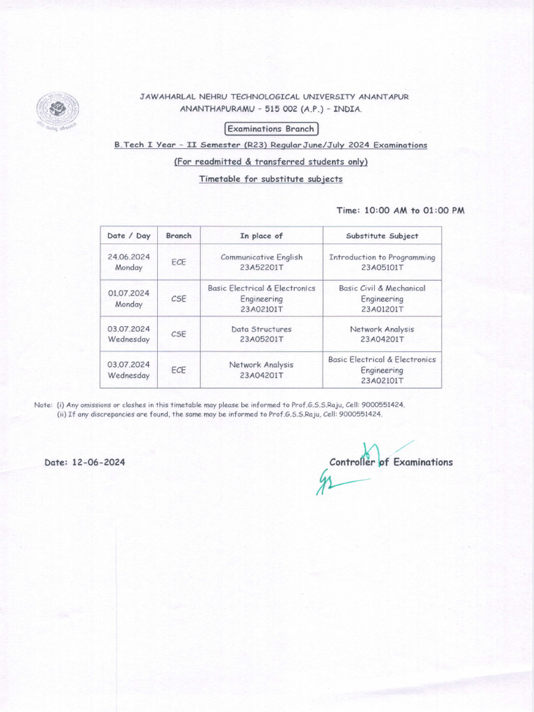 SS Timetable For B.tech I II R23 Regular June July 2024 Exams | PDF | Engineering | Computer ...