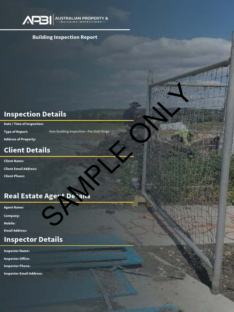 New Building Inspection Pre-Slab Stage Report Sample | PDF | Roof | Chimney
