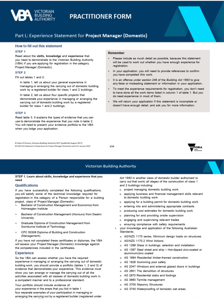 SD SOE 012 Experience Statement Project Manager Domestic Building | PDF
