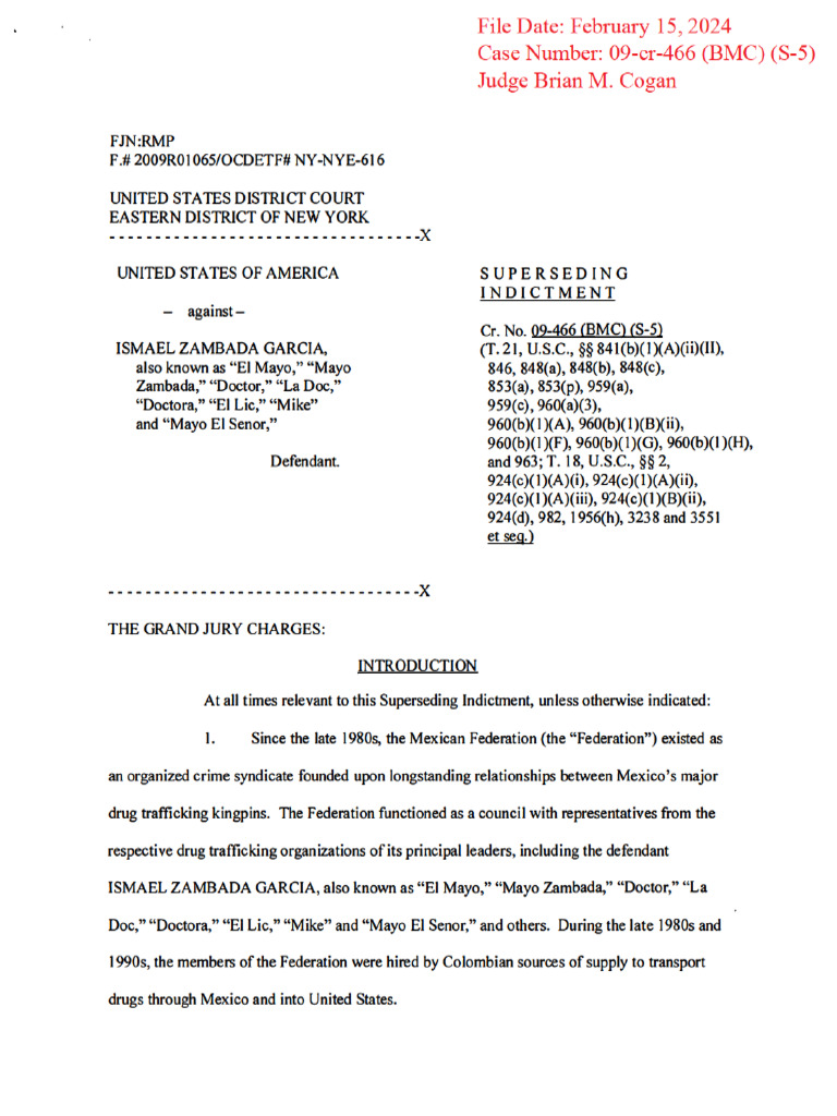 El Mayo Zambada - Superseding Indictment - Eastern District of NY | PDF