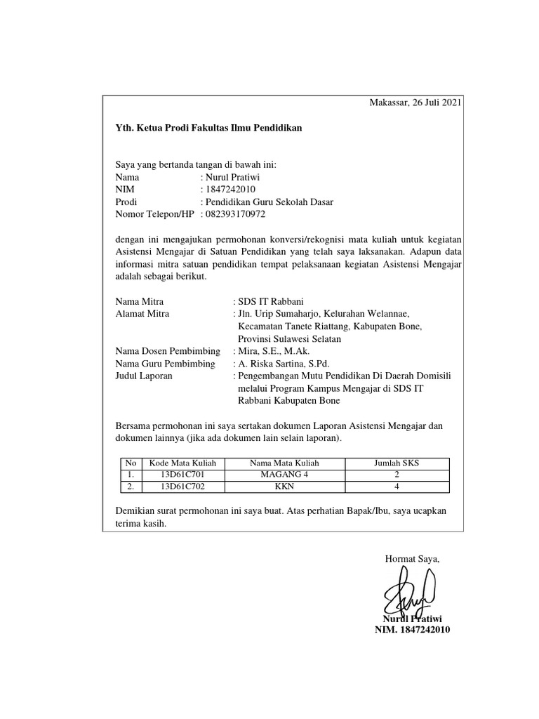 Surat Pengajuan Konversi Sks | PDF